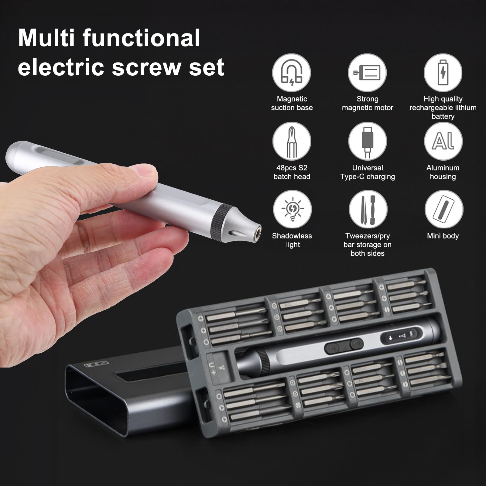 Mini Electric Precision Screwdriver, 50-in-1 Screwdriver Set with 48 Magnetic Drill Bits, Pry Bar, Led and Tweezers, Max 3 N.m, Repair Tool Set for Phone Camera Laptop Watch Glasses Drone Clocks Toy