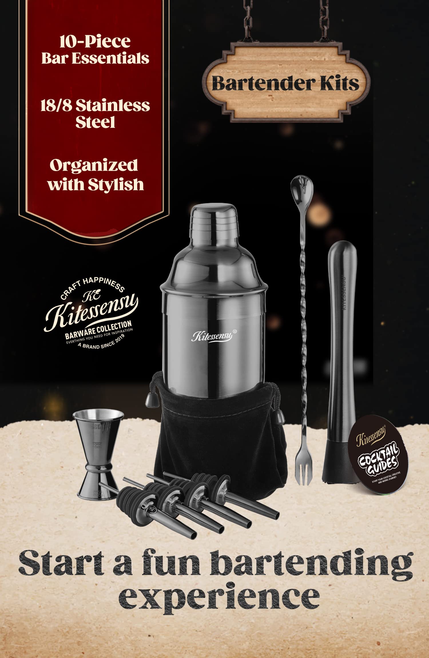 KITESSENSU Black Cocktail Shaker Set Drink Mixer | 10-Piece Bartender Kit: 24 Ounce Margarita Shaker, Double Jigger, Muddler, 4 Liquor Pourers, Alcohol Mixer Spoon, Velvet Bag, Recipes Booklet