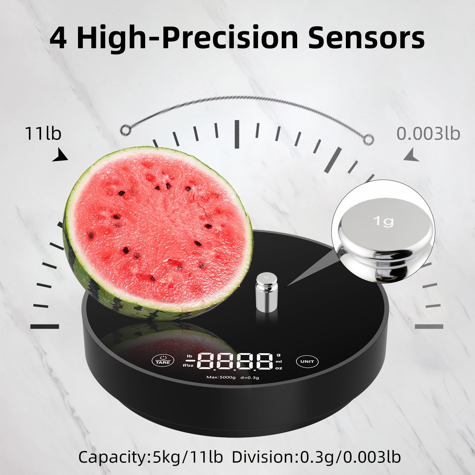 Food Scale Digital Weight Grams 5KG/11lb Max Weight with 5 Units,0.1g/0.01oz Precise Graduation LED Display and Tare Function, Baking Scale for Weight Loss, Tempered Glass(Black)