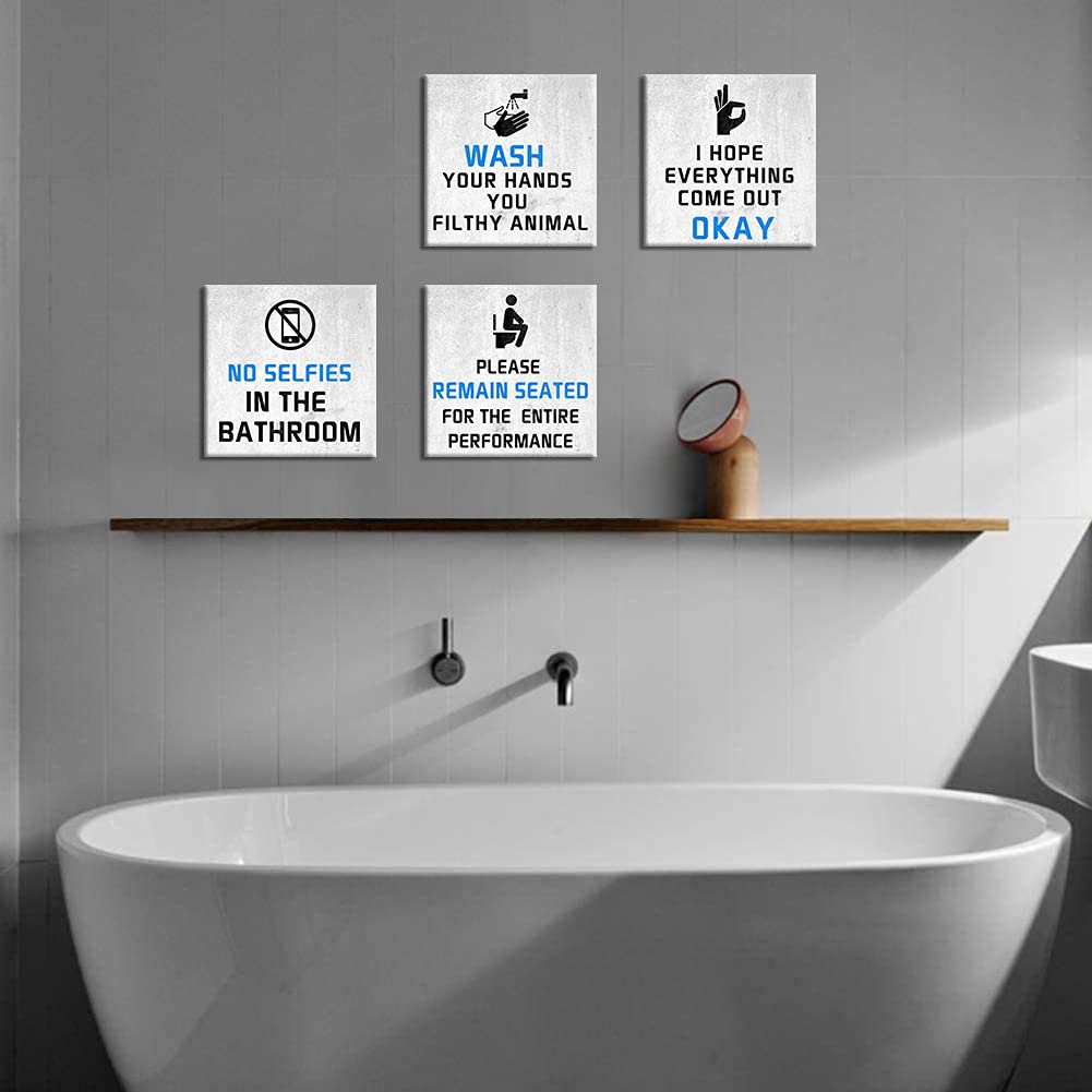 Funny Bathroom Signs Wall Decor Prints Framed Great Quotes and Sayings Canvas Wall Art Painting for Bathroom Decoration 4 Panels