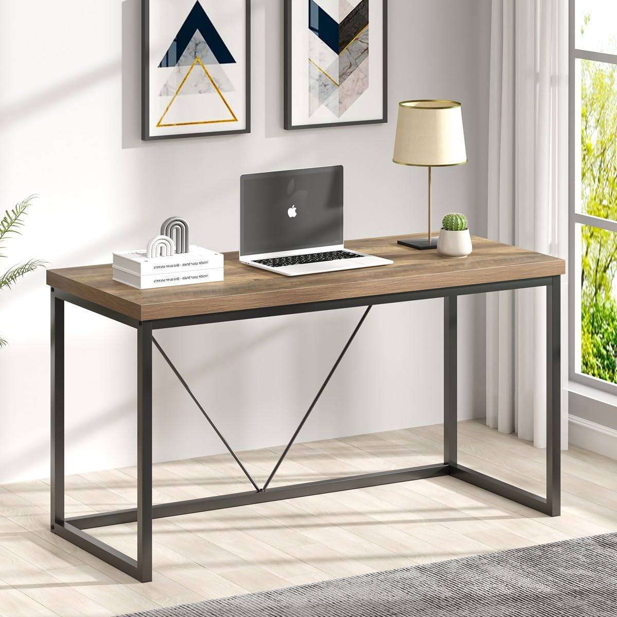 FOLUBAN Rustic Industrial Computer Desk,Wood and Metal Writing Desk, Vintage PC Table for Home Office, Oak 47.2 inch