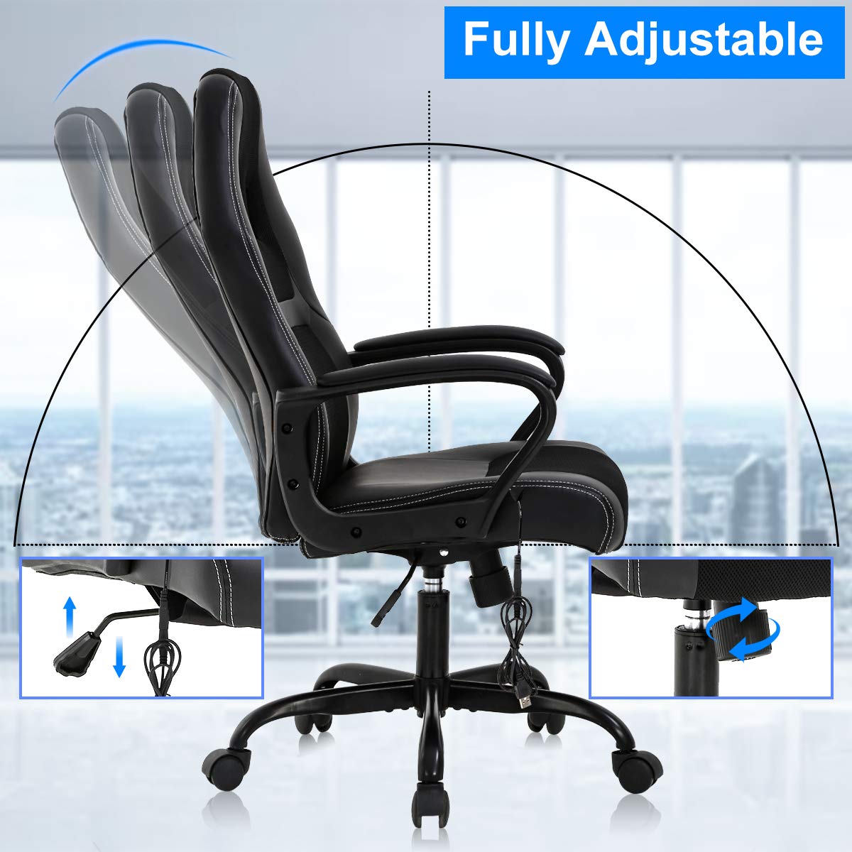Gaming Chair Desk Chairs Ergonomic Office Chair Comfortable Massage Computer Desk Chair with Adjustable Backrest and Height, PU Leather Executive PC Swivel Chair Chair with Lumbar Support (Black)