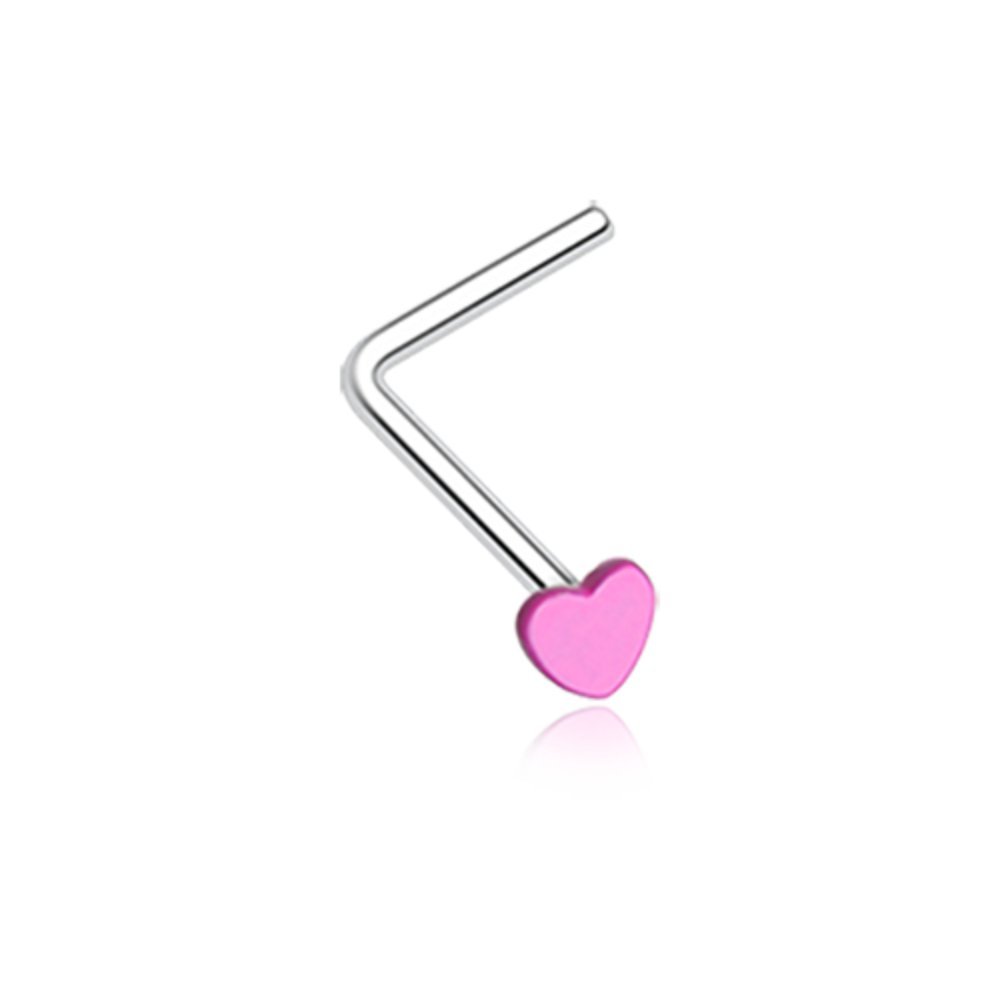 Freedom Fashion Vibrant Enamel Heart L-Shaped 316L Surgical Steel Nose Stud Ring (Sold Individually) (20 GA, 9/32", Pink)