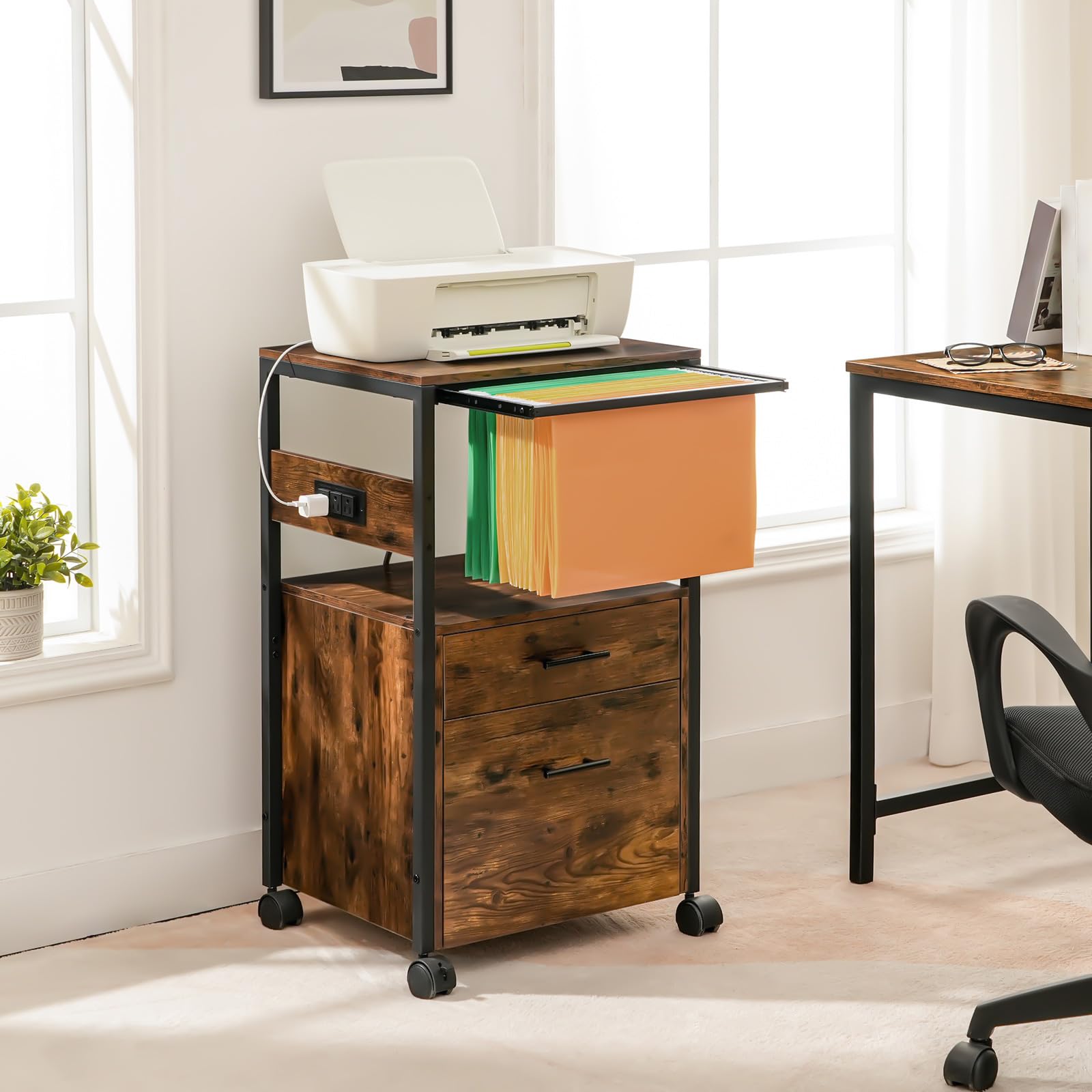 HOOBRO 2 Drawer File Cabinet, Mobile Printer Stand with Open Storage Shelf, Filing Cabinet with Charging Station, Wooden Office Cabinet fits A4/Letter Size, Rustic Brown and Black BF80UWJ01