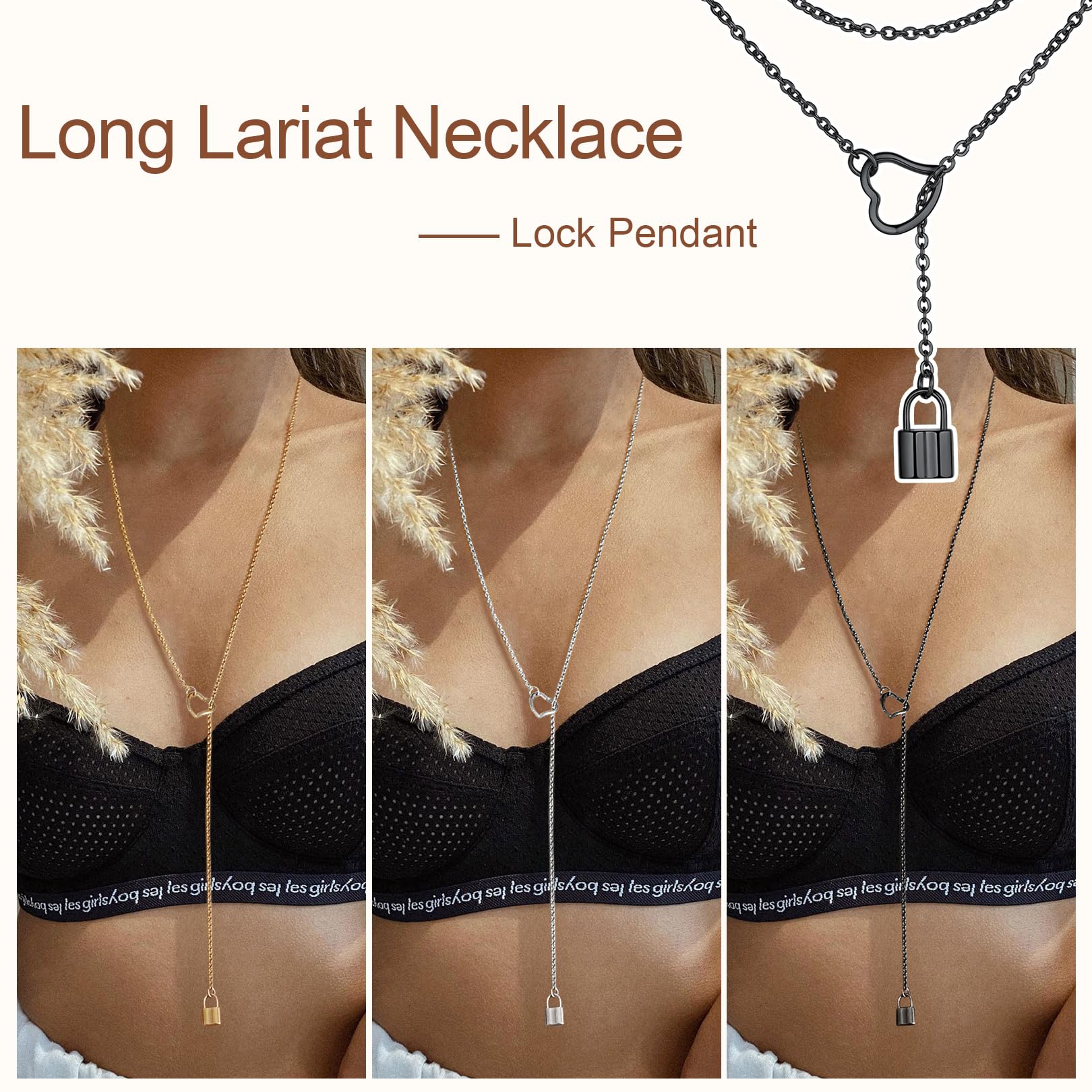 FOCALOOK Black Long Necklaces for Women Y Shaped Lariat Chain Drop Lock Pendant Necklace