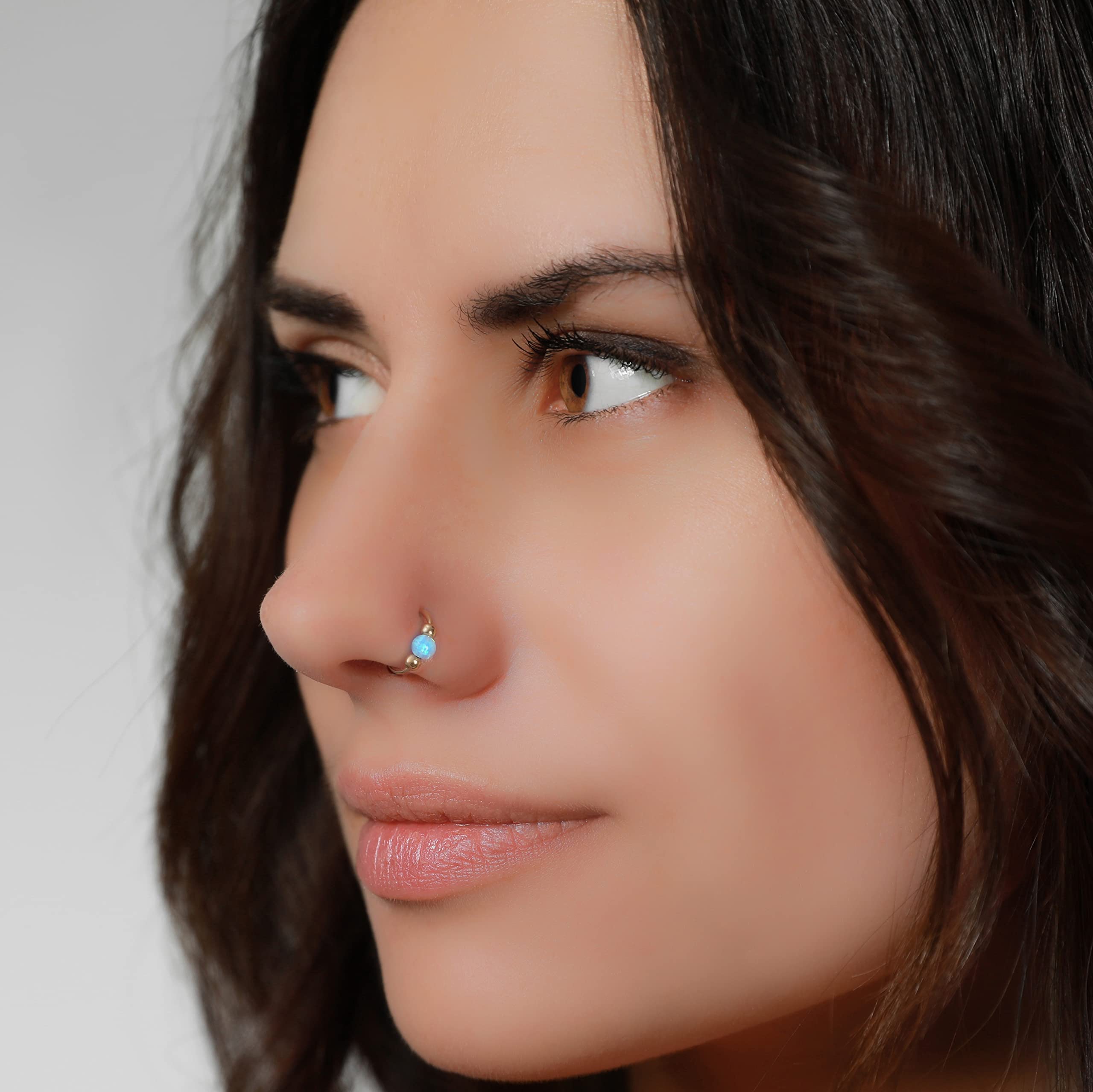 Gold Filled Nose Ring With Blue Opal - 20 Gauge Nose Hoop Jewelry - Seamless Nose Hoop Piercing 8mm Diameter