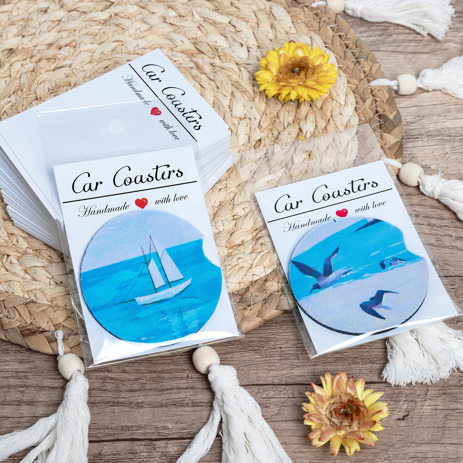 GFPGYQ 50Pcs Car Coaster Packaging for Selling,Sublimation Car Coasters with 50Pcs Bags,Car Coaster Packaging ,Coasters Display Cards 6.8x2.85In,Compatible with Coasters Up to 2.75" in Diameter