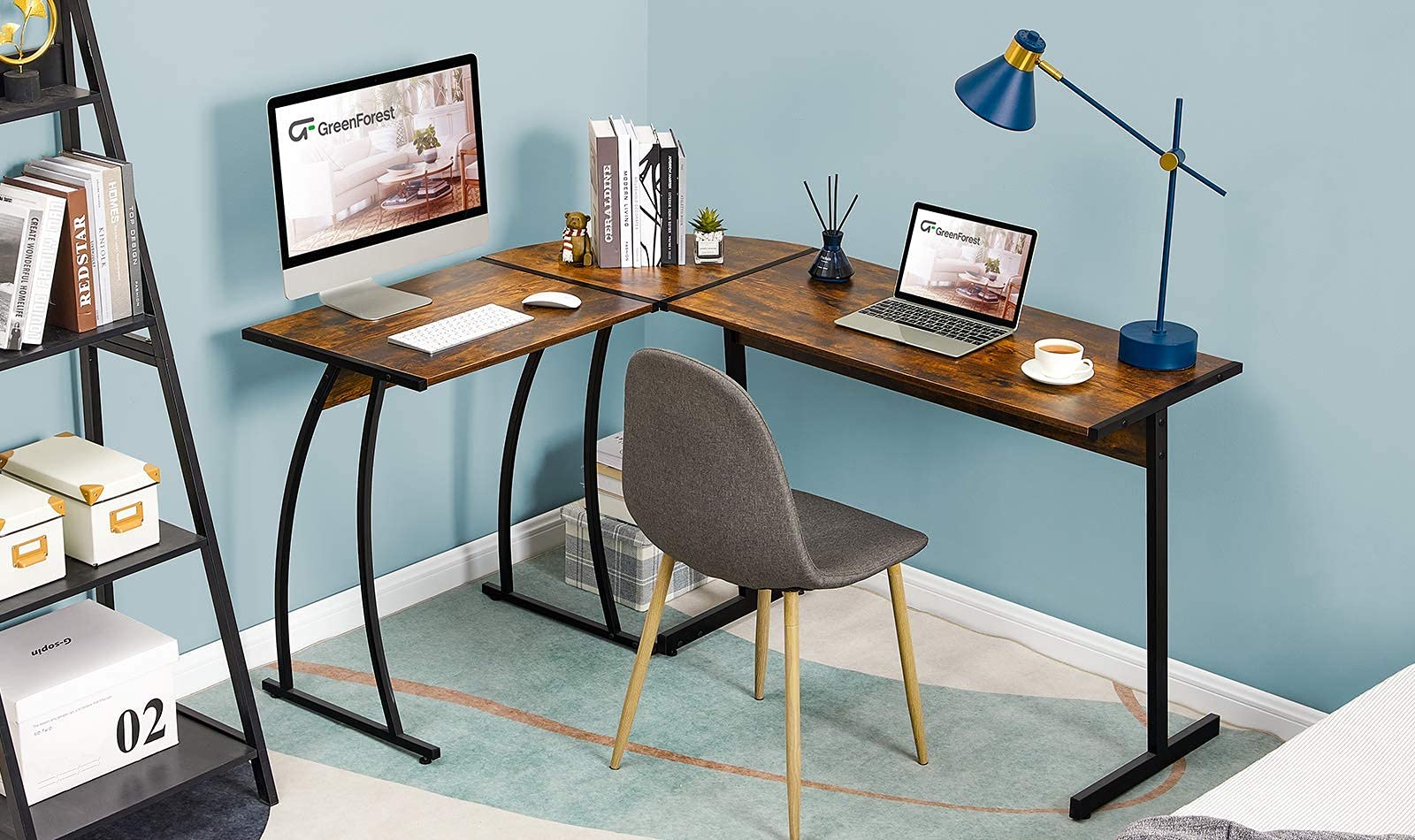 GreenForest L Shaped Gaming Desk 58.1 inch, L-Shape Corner Computer Table, Writing Studying PC Laptop Workstation 3-Piece for Home Office Bedroom Living Room, Rustic Brown