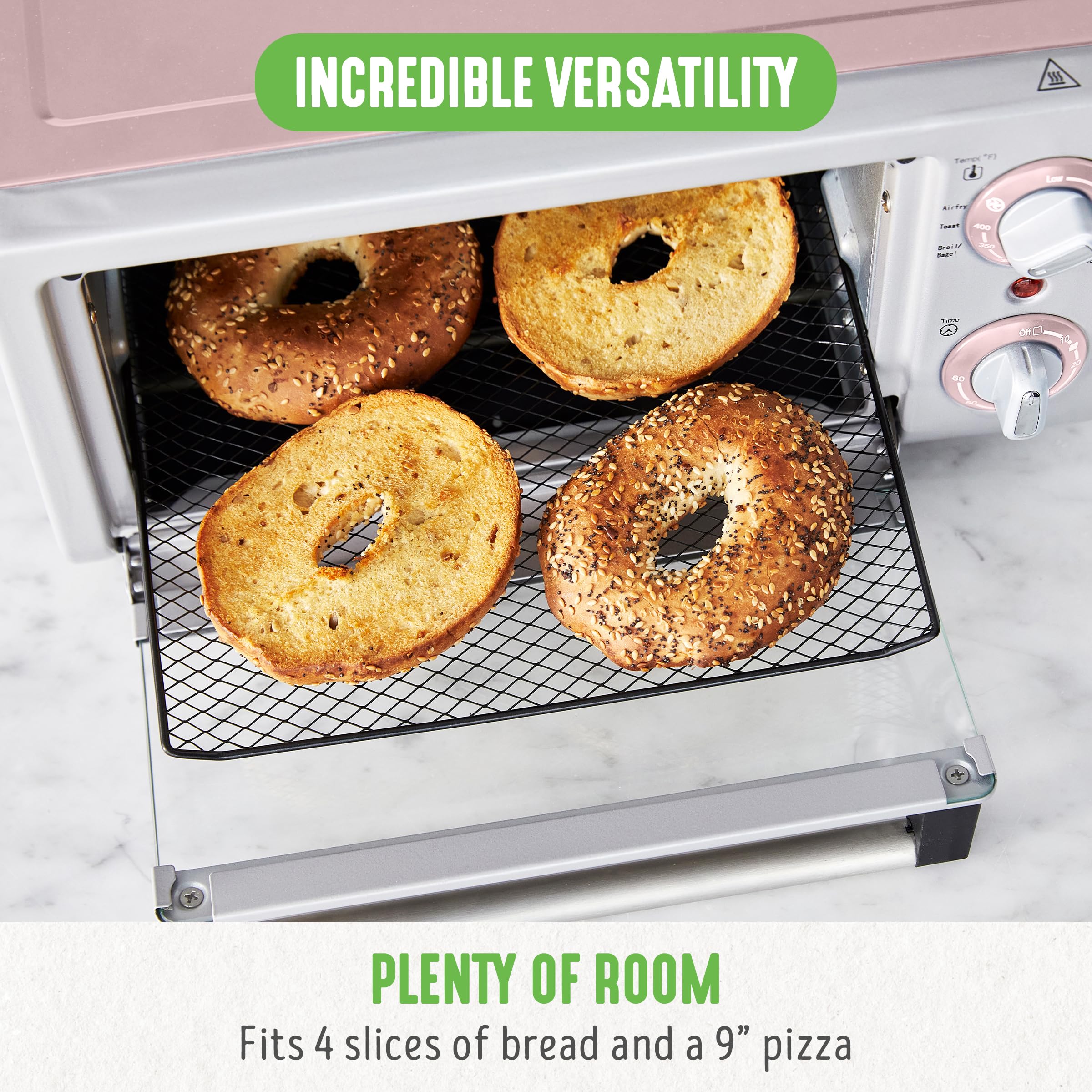 GreenLife Countertop Stainless Steel Toaster Oven Air Fryer, PFAS-Free, Ceramic Nonstick Tray Rack and Airfry Basket, Dual Heating, 4 Slice Capacity, Adjustable Temperature and Time Control, Pink
