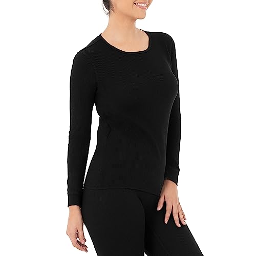 Fruit of the Loom Women's Micro Waffle Premium Thermal Underwear Tee Shirt, Black/Black, Medium