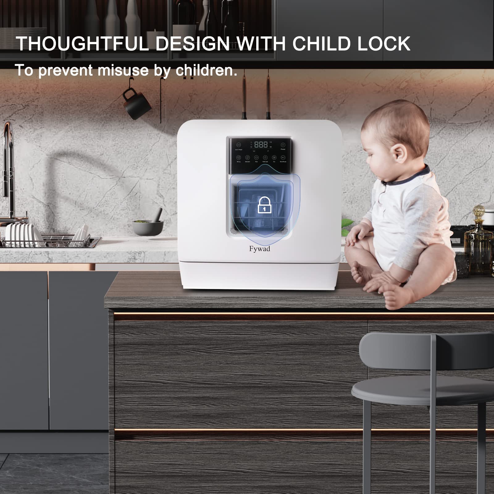 Fywad countertop dishwasher, portable dishwasher no hookup. Countertop Dishwasher with Water Tank. With child lock, hot drying, 4 washing programs. 360-degree spraying.