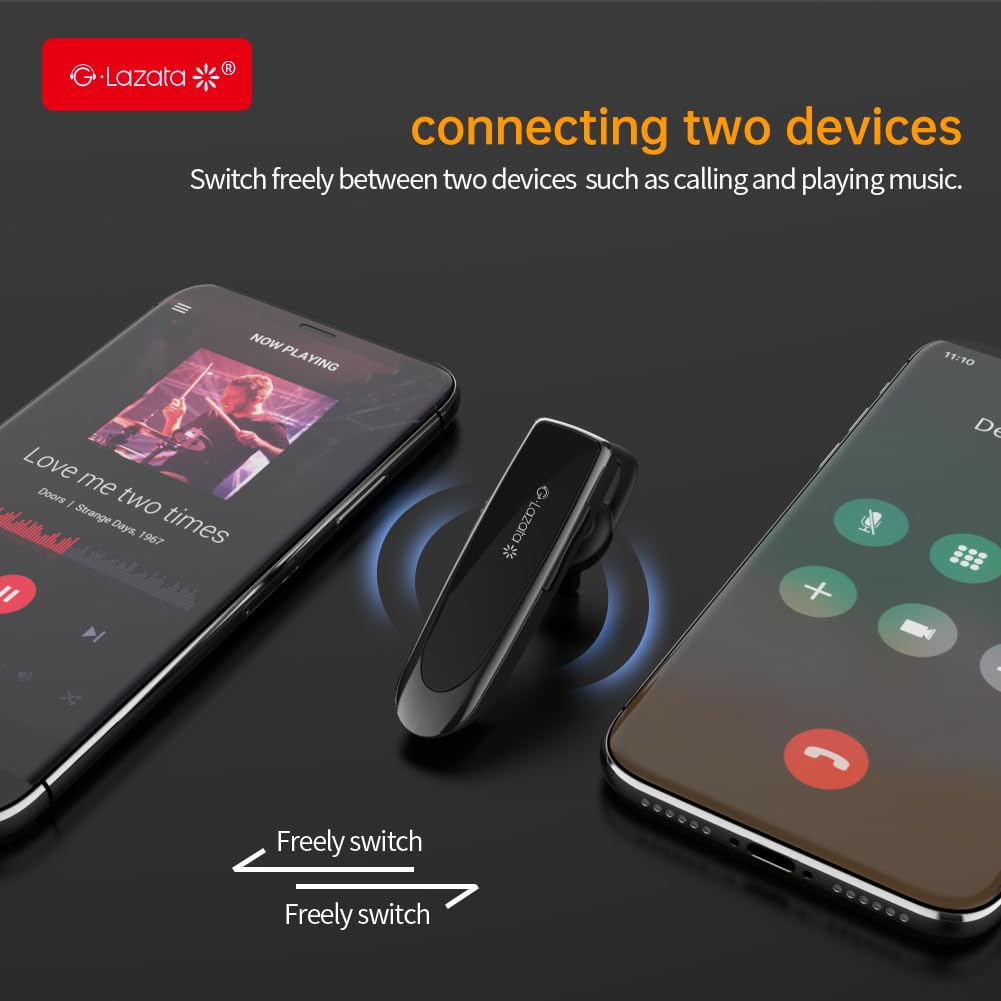 Glazata Wireless Headset, Qualcomm 3020 Smart Chip, Handsfree Driving Headset, Compatible with Cell Phone iPhone Android PC (Black 2Pack)