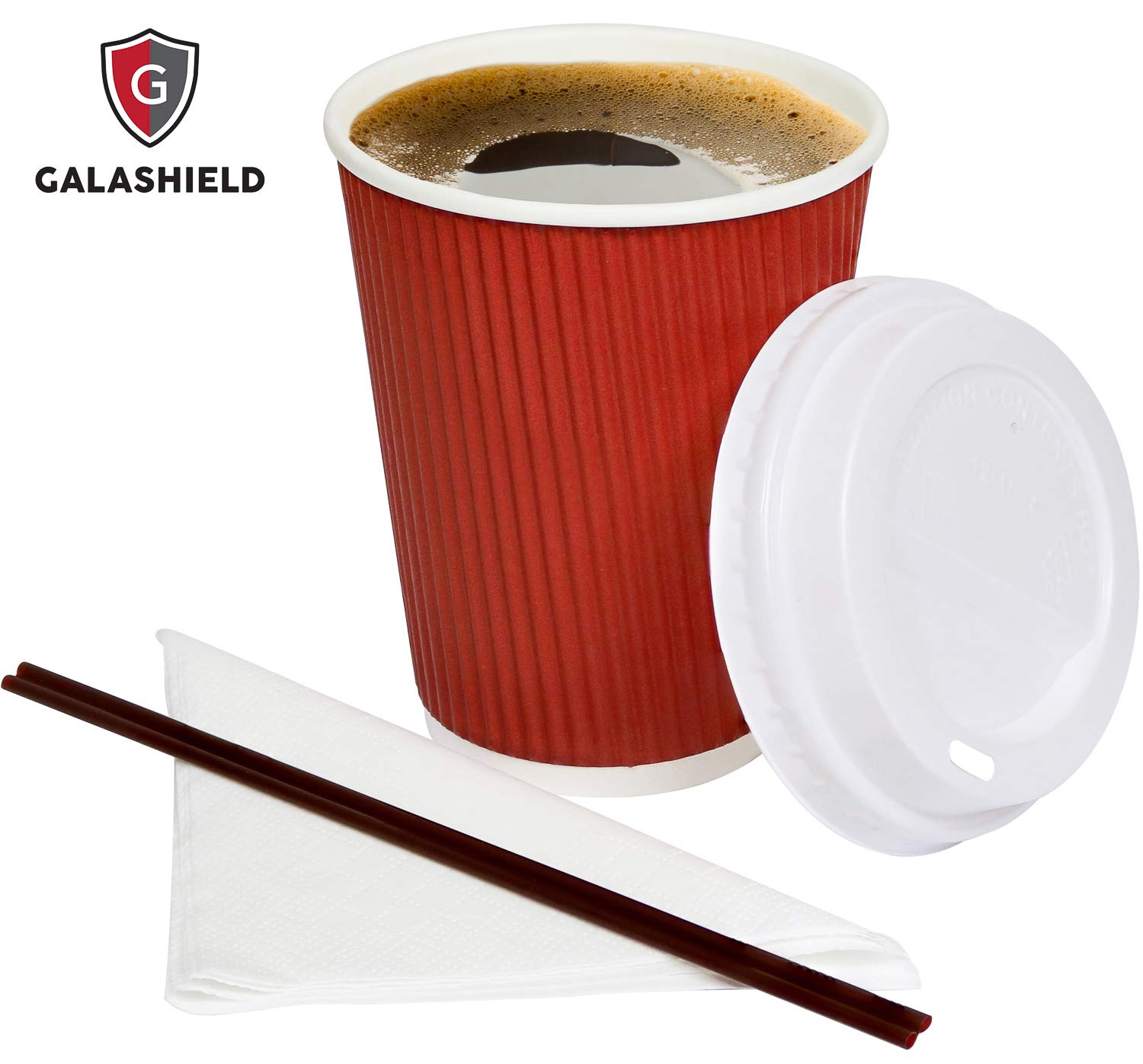 Galashield [100 Sets] Disposable Coffee Cups with Lids 12 Oz Hot Paper Coffee Cups with Lids Insulated Ripple Tea Cup Travel To Go with Stirring Straws and Napkins