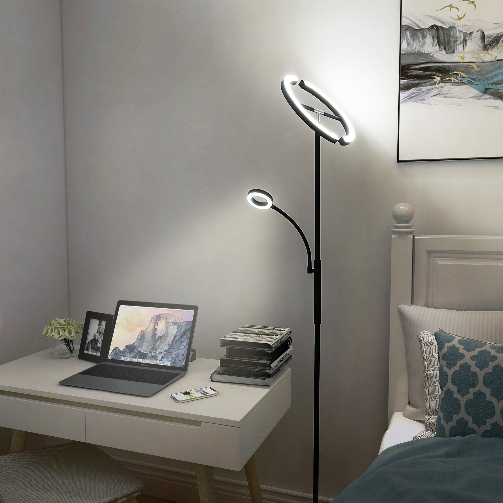 Ganiude Dimmable Modern LED Rotatable Torchiere Floor Lamp with Reading Light,Touch and Remote Control,Tall Standing Pole Lamp with Stepless Dimming and 3000K-6000K CCT for Living Room,Bedroom,Office