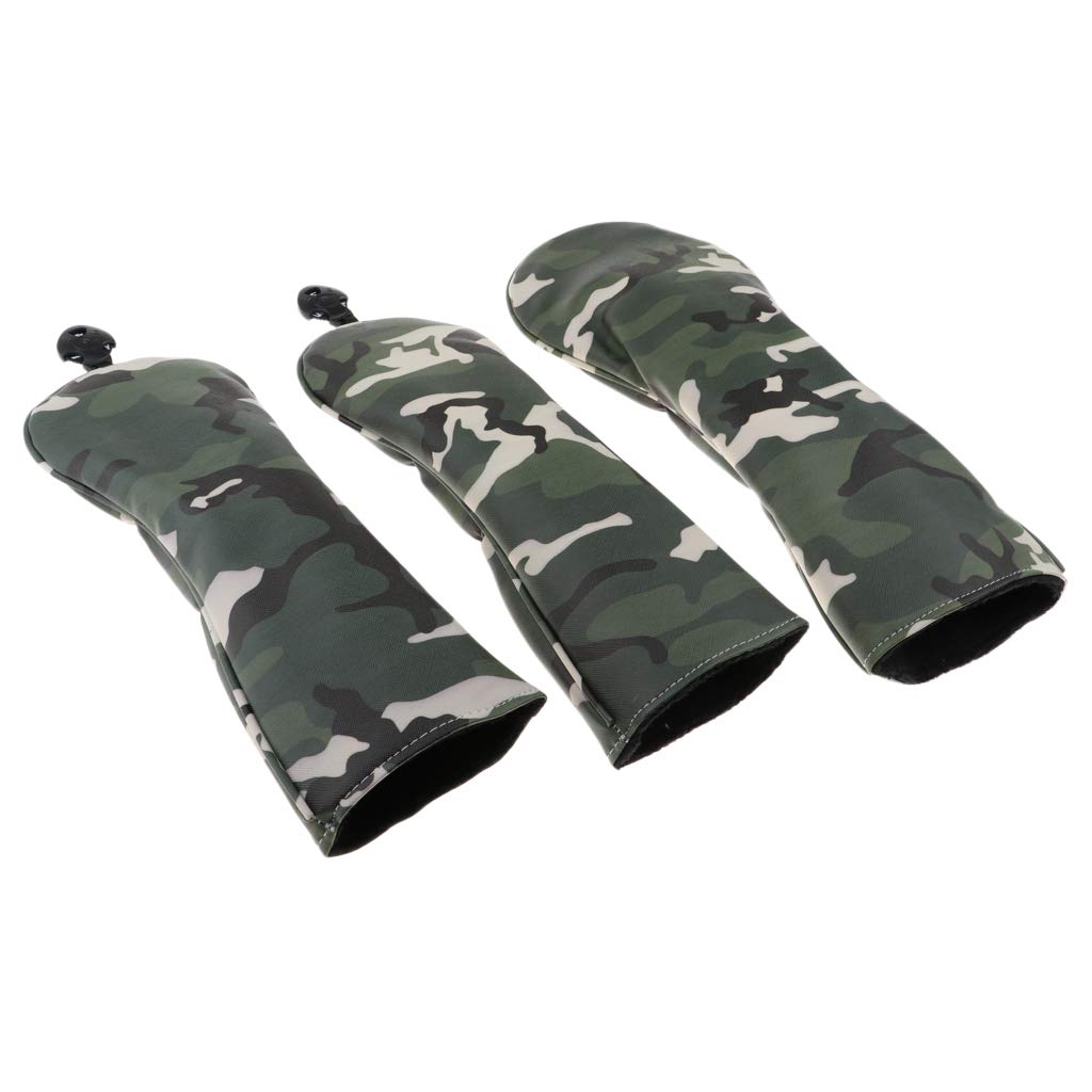 freneci 3Pcs Durable PU Sports Golf Wood Driver Head Cover Replacement for Golfer Gift - Green Camo
