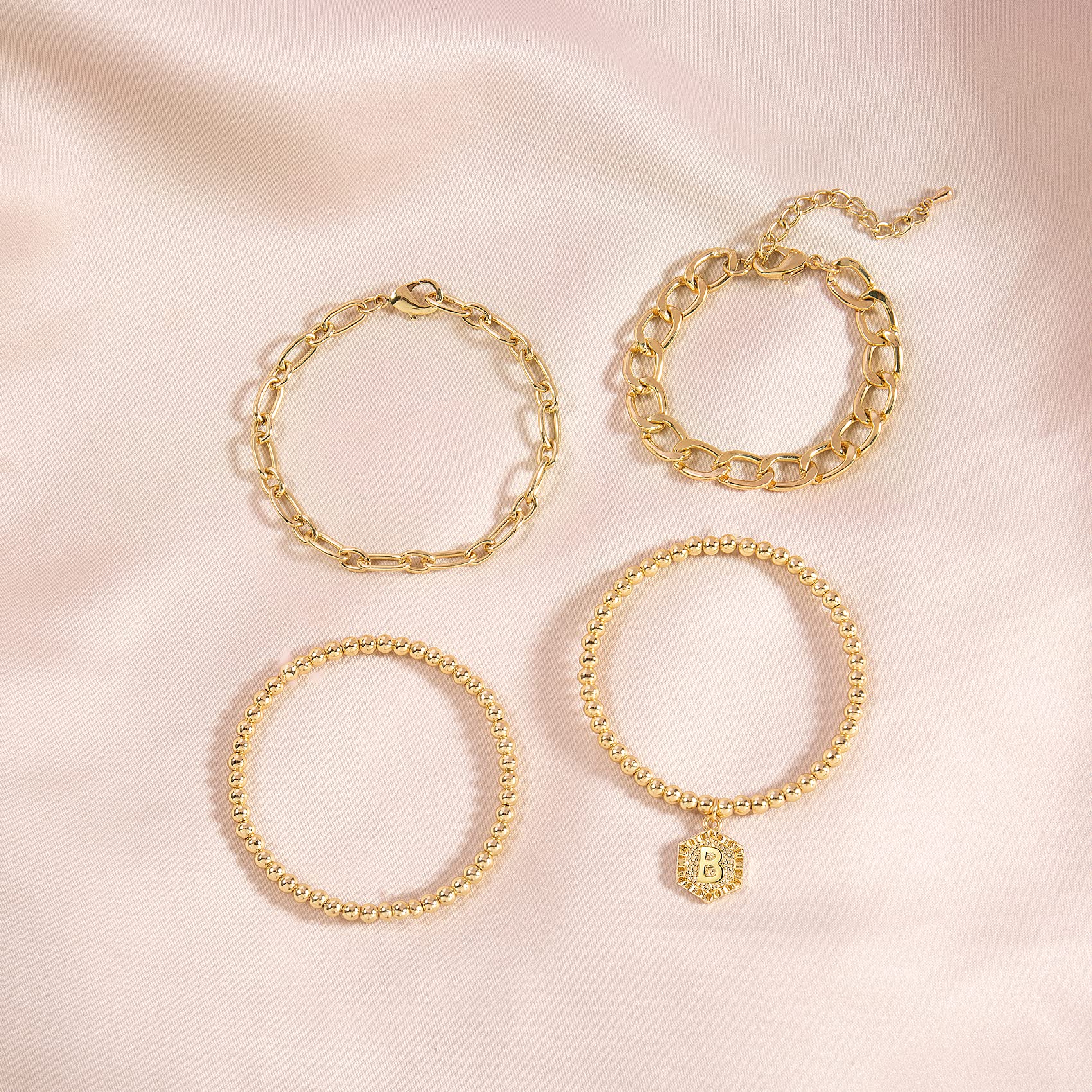 Gold Initial S Bracelets Stackable Bead Bracelet Set Layered 14k Gold Plated Stretch Letter Initial Bracelets Gold Chain Bangles Paperclip Link Charms Bracelet