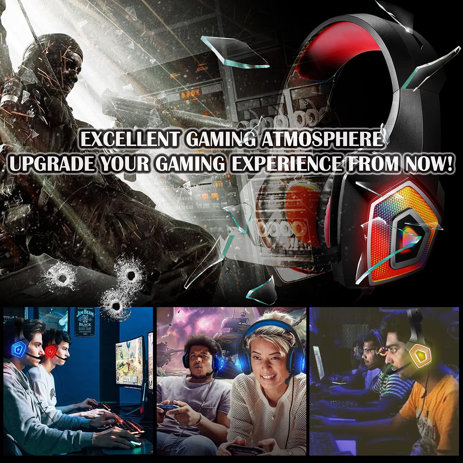 GALOPAR Stereo Gaming Headset for PC, PS4, Xbox One, 3D Surround Sound Headset with Noise Canceling Mic LED Light, Over-Ear Headphones Compatible with PS4, Xbox One, Switch, PC, Mac, Laptop