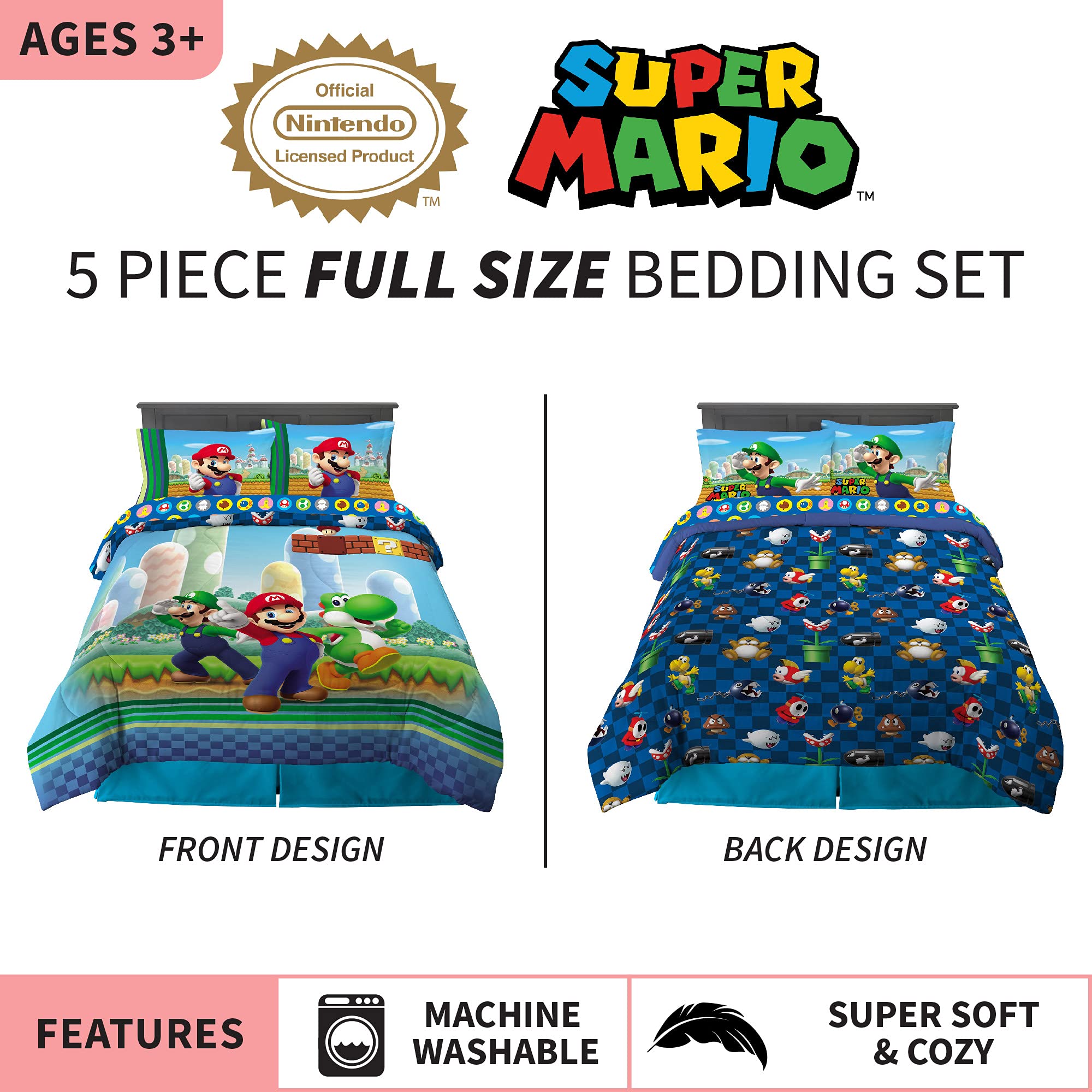Franco Kids Bedding Super Soft Comforter and Sheet Set, (5 Piece) Full Size, Mario