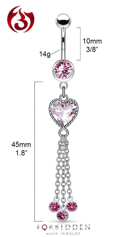 Forbidden Body Jewelry Surgical Steel Dangle Belly Button Ring Featuring CZ Heart and Chains, Pink