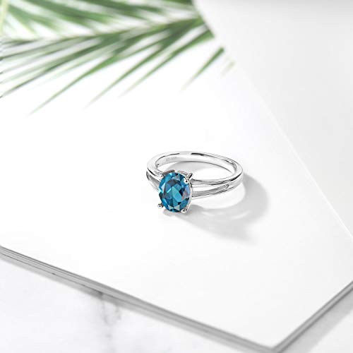 Gem Stone King 925 Sterling Silver London Blue Topaz Women Solitaire Engagement Ring (2.25 Ct Oval, Gemstone Birthstone Available in size 5, 6, 7, 8, 9)