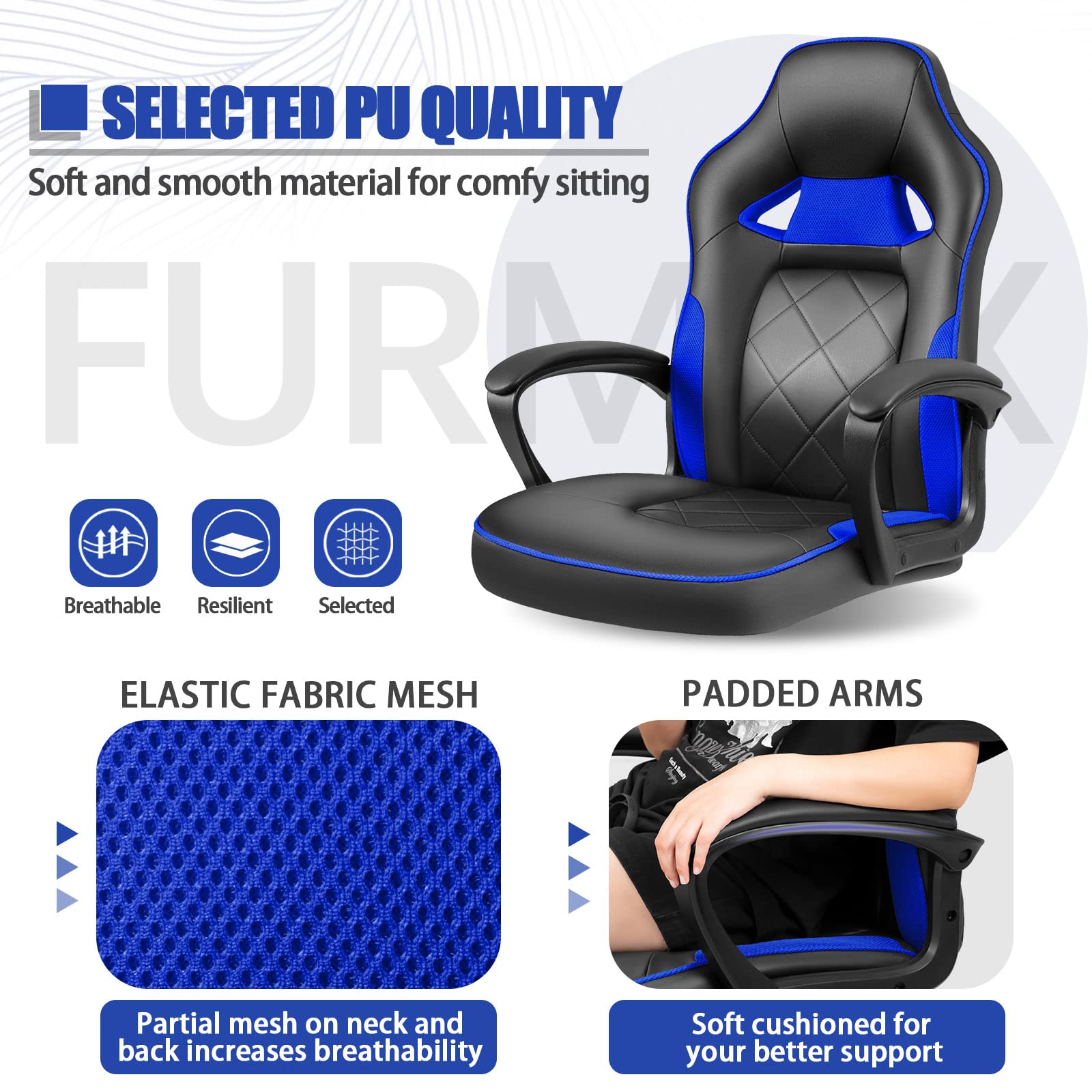 Furmax Gaming Chair PC Computer Desk Chair Comfortable Office Chair Racing Style PU Leather Executive Chair with Lumbar and Back Support, Swivel Task Chair (Black)