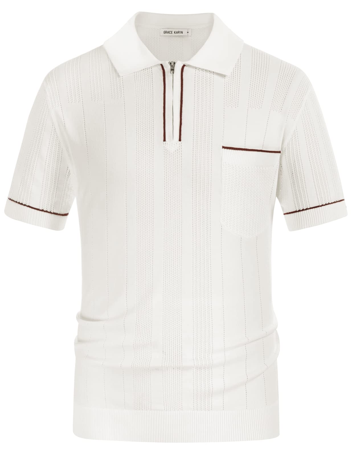 GRACE KARIN Mens Fashion Hollow Out Polo Shirts Lightweight Knitting Shirts White