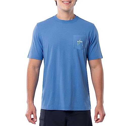 Guy Harvey Men’s Billfish Collection Short Sleeve Pocket T-Shirt, Azure Blue/Turn The Tide, XX-Large