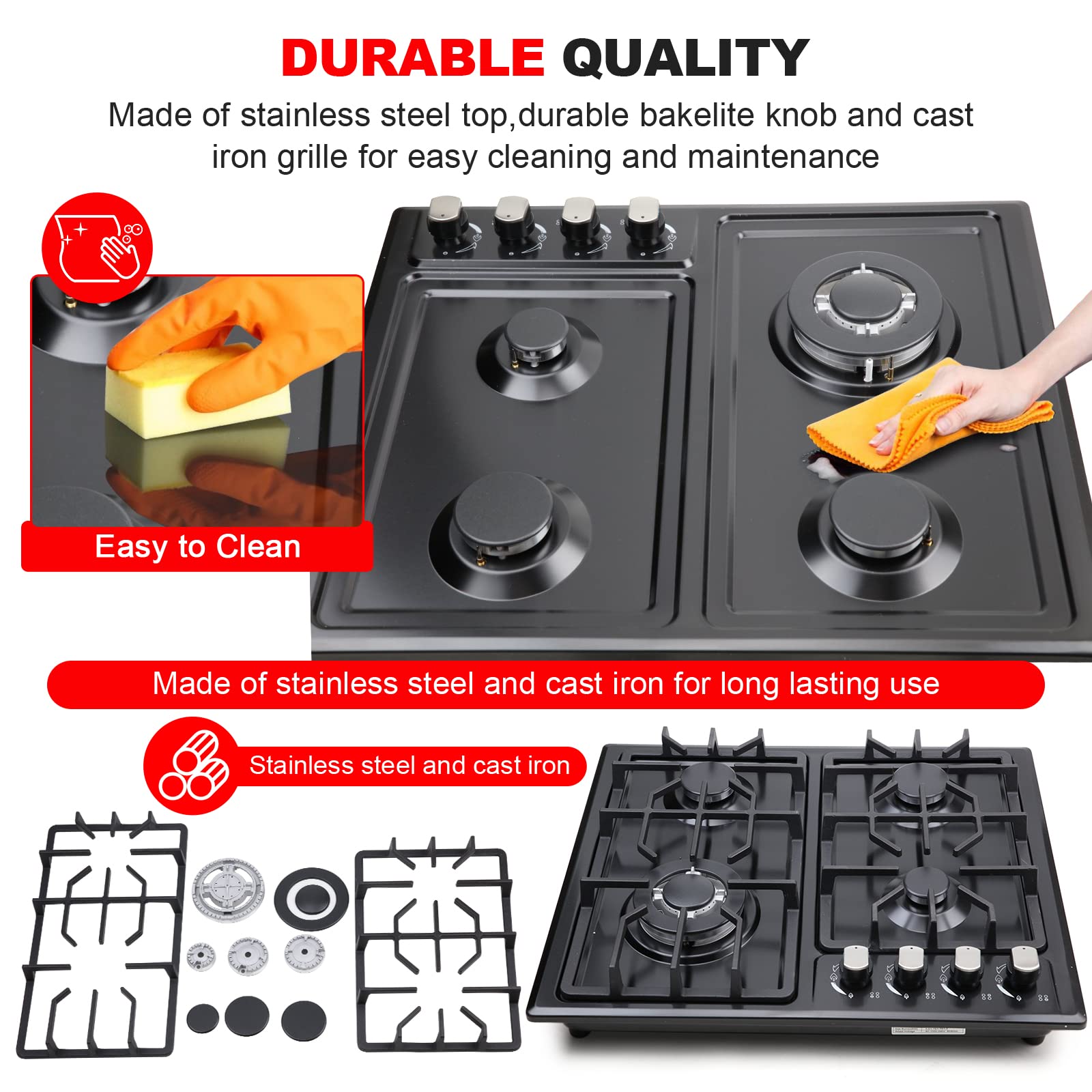 forimo Gas Cooktop 22Inch,Built in Gas Cooktop 4 Burners Stainless Steel Stove with NG/LPG Conversion Kit Thermocouple Protection and Easy to Clean