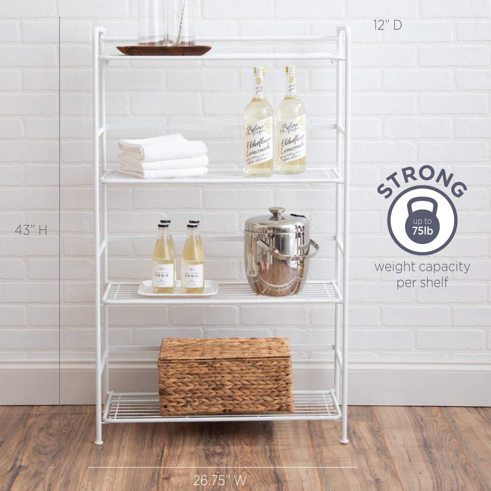 Flipshelf Folding Metal Bookcase-Small Space Solution-No Assembly-Home, Kitchen, Bathroom and Office White, 4 Shelves, Wide