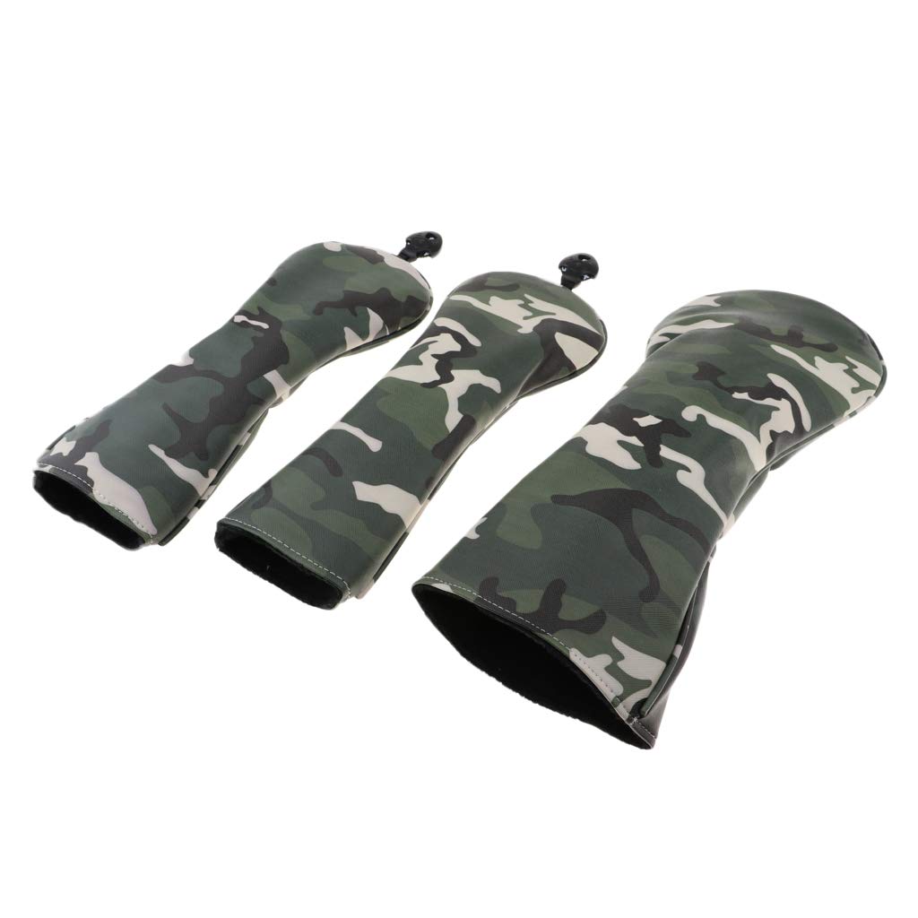 freneci 3Pcs Durable PU Sports Golf Wood Driver Head Cover Replacement for Golfer Gift - Green Camo