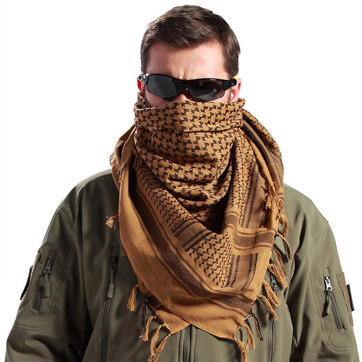 FREE SOLDIER Scarf Military Shemagh Tactical Desert Keffiyeh Head Neck Scarf Arab Wrap with Tassel 43x43 inches (Amber Brown)