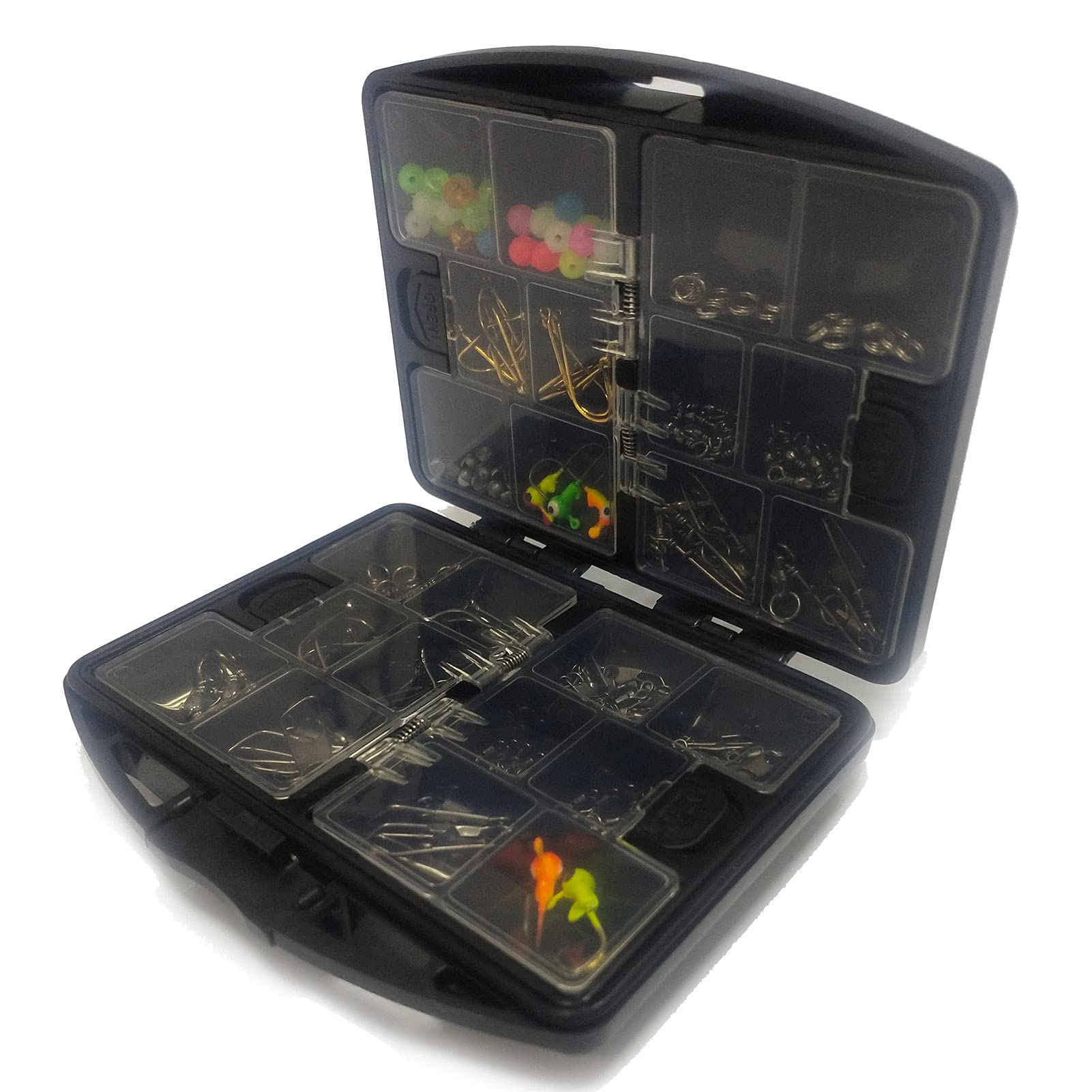 Fishing Terminal Tackle Box - Fishing Baitholder Hooks, Drop Shot Weights,Fishing Bobbers,Fishing Stoppers, Sinker Slides, Double Barrel Crimps,Three Way swivels,Fishing Beads