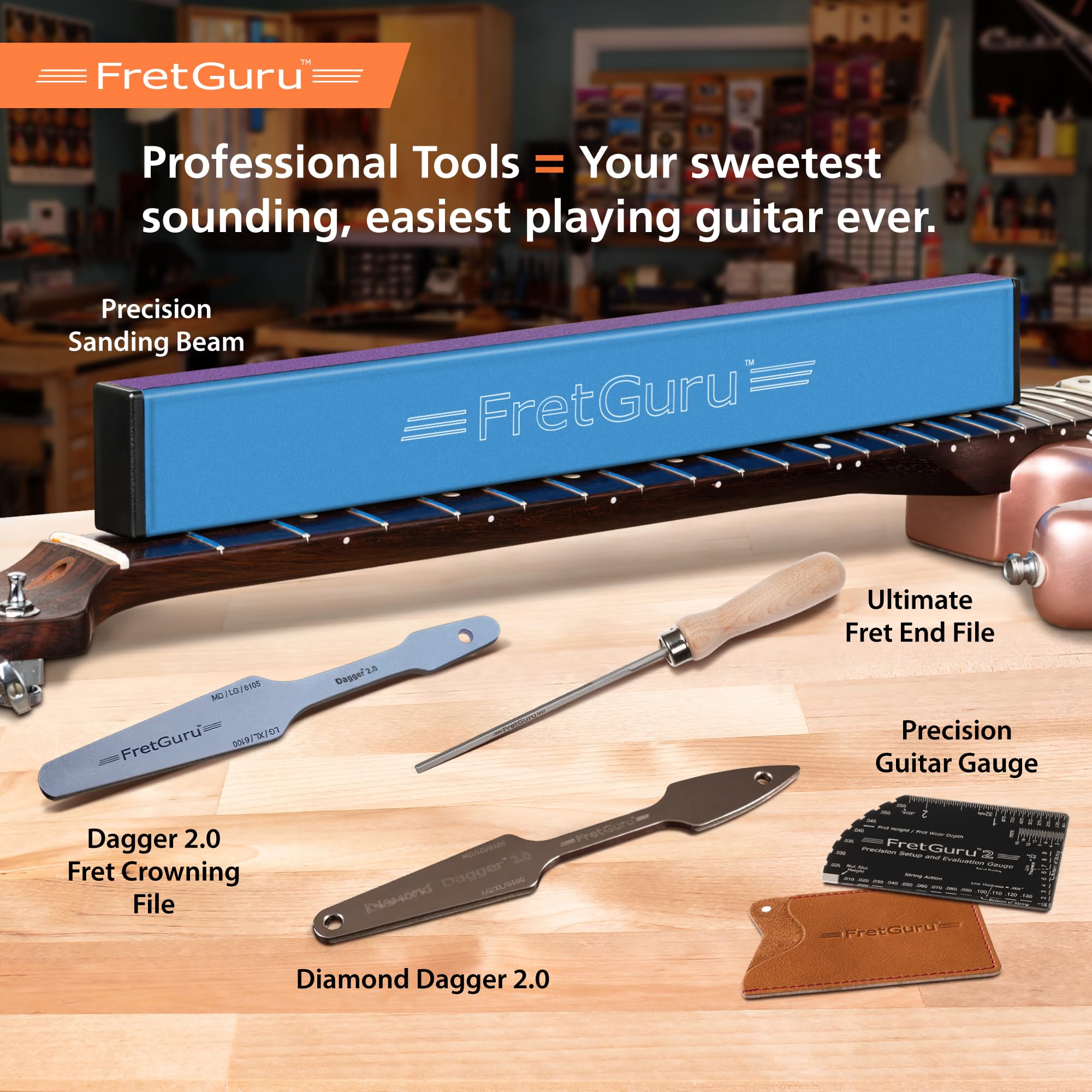 FretGuru 8-in-1 String Action Gauge Guitar Fret Ruler Precision Fret Rocker - Precise CNC Machined, Diamond Honed, Polished Edge Guitar String Height Gauge - Luthier Tool with Thick Leather Case