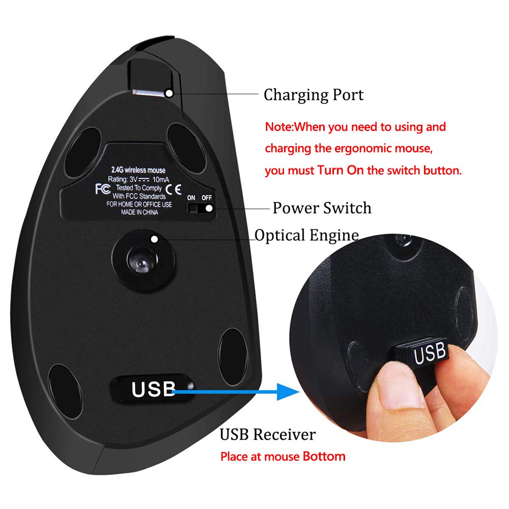 Funwaretech Wireless Ergonomic Mouse, 【Rechargeable】 2.4G Vertical Optical Mice,800/1200 /1600 DPI with 6 Buttons for Laptop,Desktop,PC, MacBook(Purple)