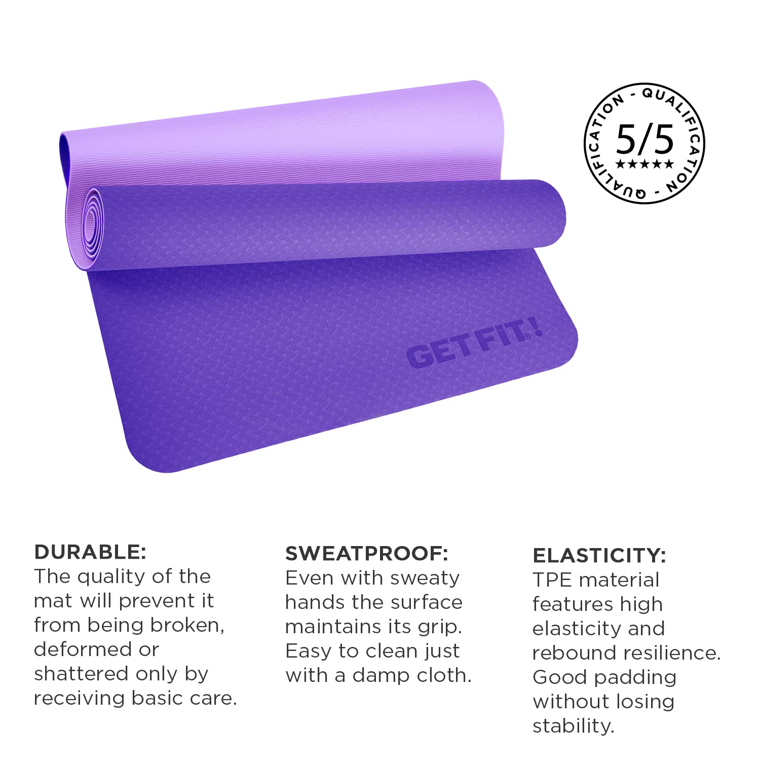 GET FIT! Eco Friendly TPE Yoga Mat Non-Slip surface 6mm thick with Carrying Strap. Lightweight easy to roll and carry. (Violet + Violet)