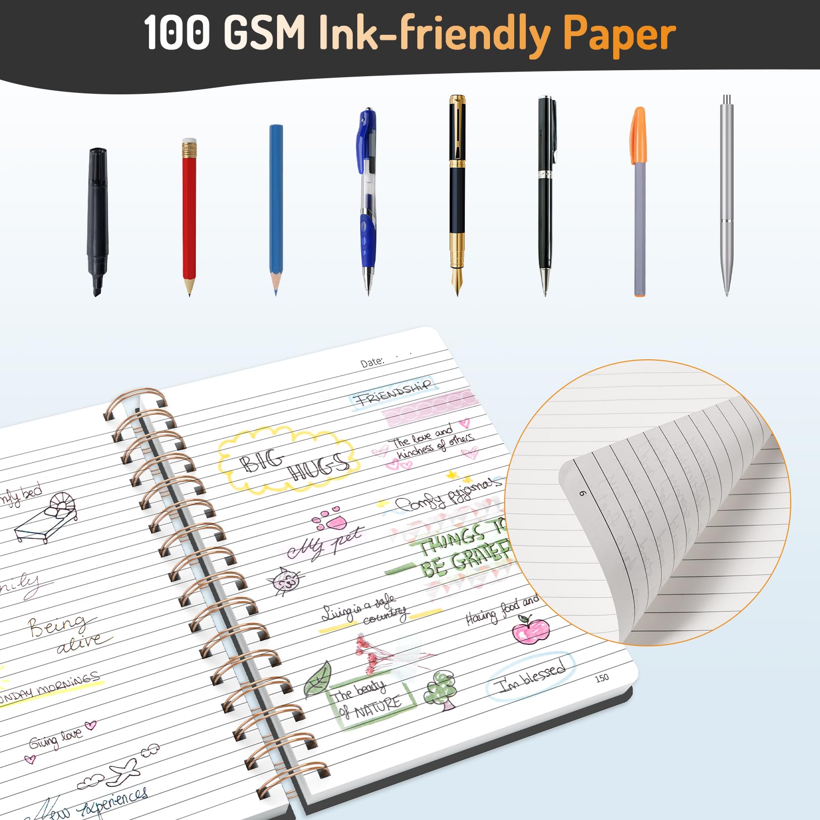 Forvencer Lined Spiral Journal Notebook with 300 Numbered Pages, A5 Thick Journals for Writing with 100GSM Paper, Hardcover Notebooks with Contents for Work, School, Women, Men, Black