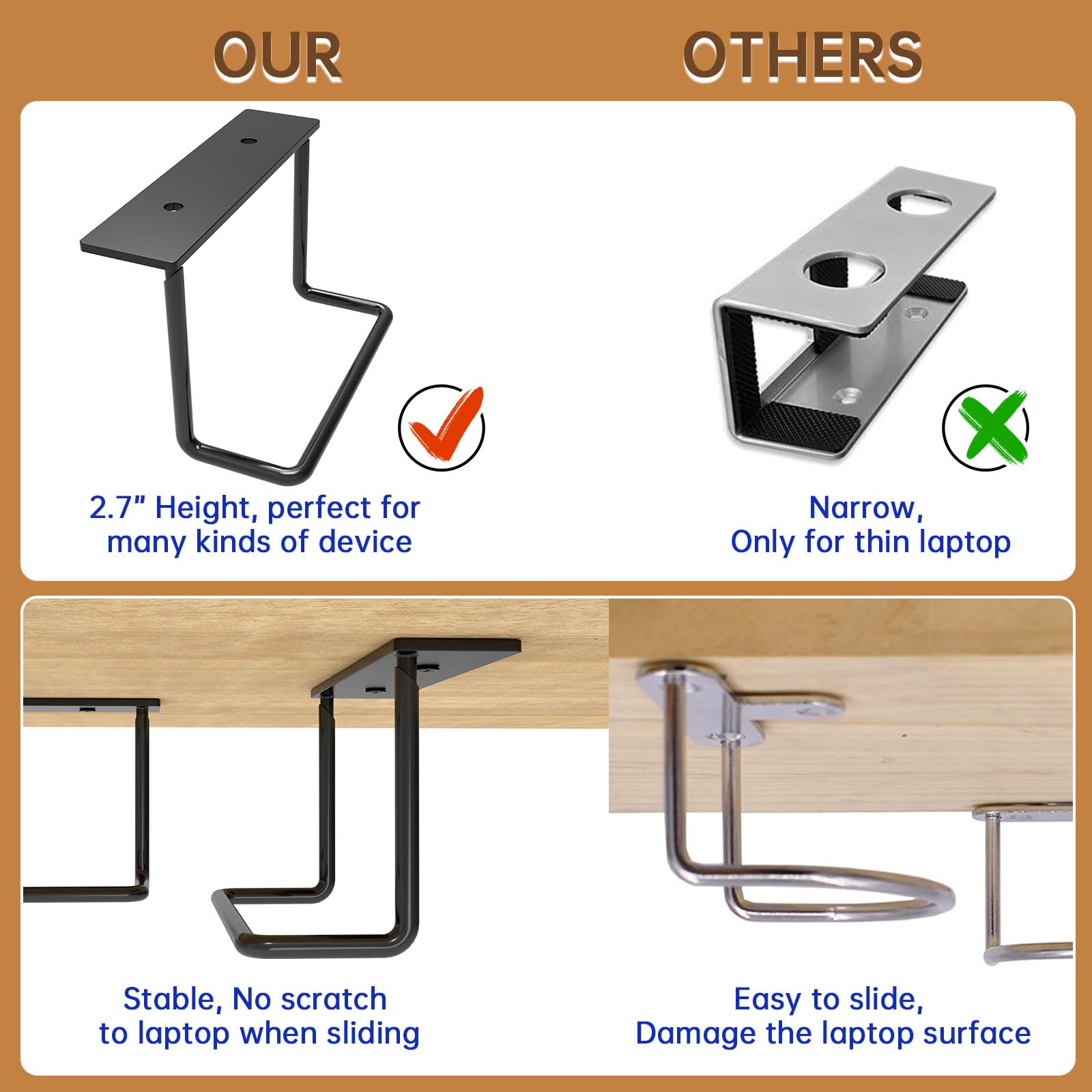 FOROIRON Under Desk Laptop Mount, Under Desk Shelf Bracket Compatible with Devices Maximum 2.7β Tall, Aluminum Under Desk Laptop Holder Tray,Durable Under Desk Shelf for Laptop/Keyboard Storage