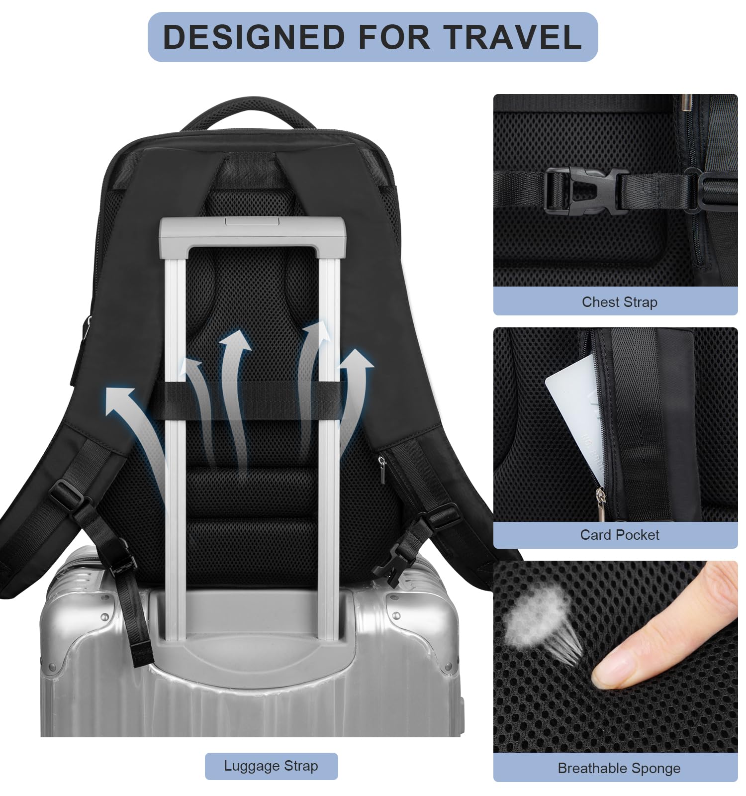 Hp hope Travel Backpack for Women Men, Expandable Airline Approved Carry On Backpack Flight Approved, Waterproof Hiking Weekender Backpack with USB Charging Port & Shoes Compartment, Black