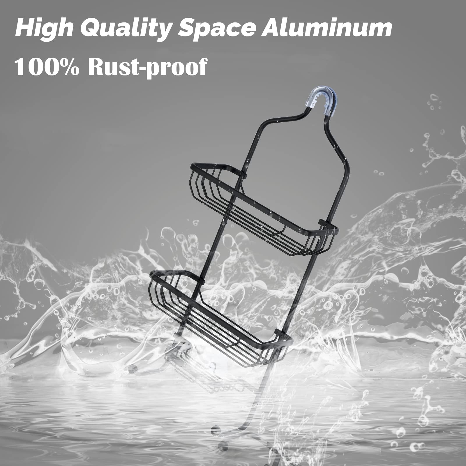 Vuskly Shower Caddy Over Shower Head, Aluminum Hanging Shower Organizer with 3 Shelf and 2 Hooks,Strong Suction Cups, Wide Space Shower Caddy for Shampoo and Soap, Black, 11x4.9X 24.8 inches