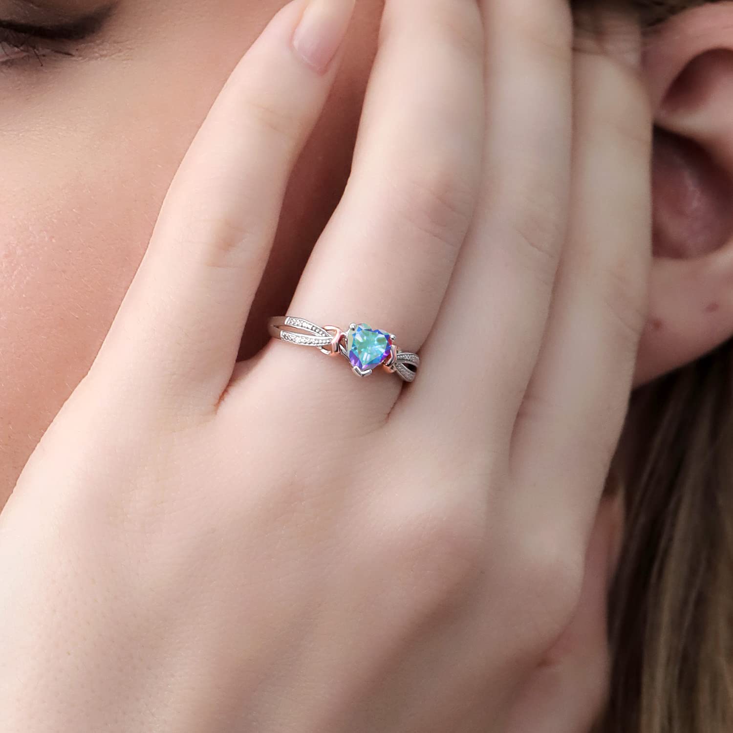 Gem Stone King 925 Silver and 10K Rose Gold 6MM Heart Shape Gemstone Birthstone and Diamond Engagement Ring | Wedding Anniversary Promise Ring For Women | Available In Size 5, 6, 7, 8, 9