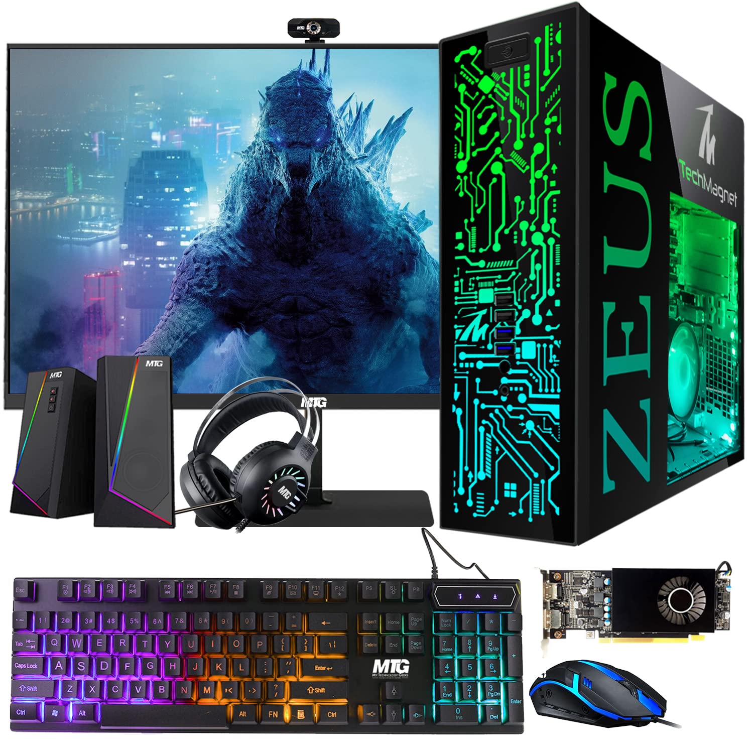 Gaming Desktop PC, Intel i7 6th Gen, TechMagnet Zeus Pro 6, RX 550, 16GB ARGB RAM, 1TB SSD + 2TB HDD, 24 Inch Monitor, RGB Keyboard Mouse, Speaker, Headphone, Webcam, Win 10 Pro (Renewed)