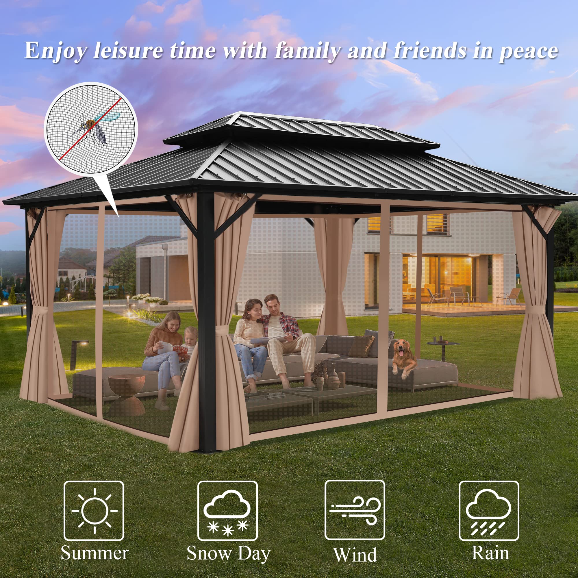 Funny Sunny 10x12ft Hardtop Gazebo, Heavy Duty Double Top Galvanized Iron Metal Pergola Roof, Aluminum Frame with Curtains & Netting, Outdoor Vertical Striped Panel Canopy for Patio Backyard Garden