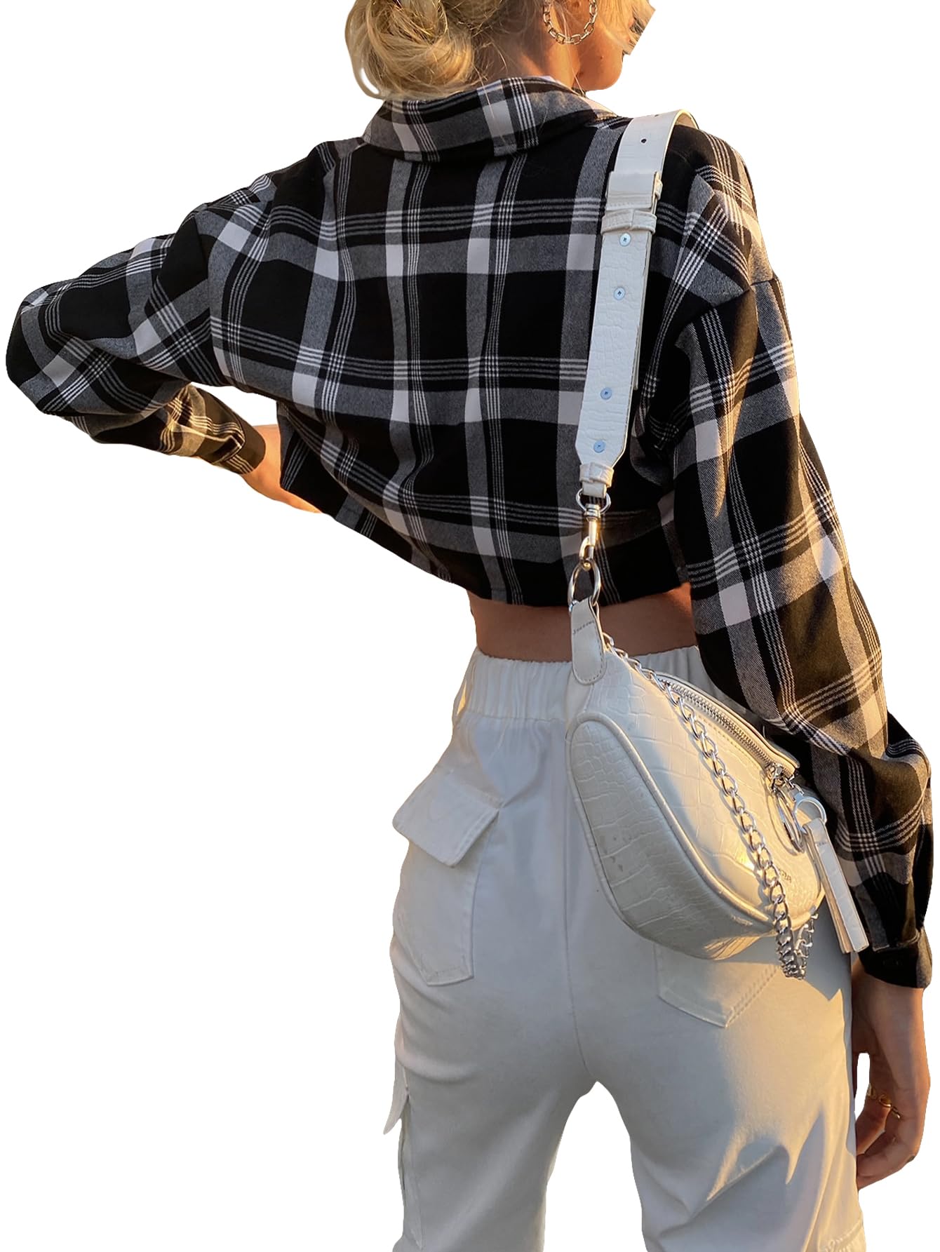 Floerns Women's Long Sleeve Collar Button Down Plaid Crop Top Blouse Black and White M