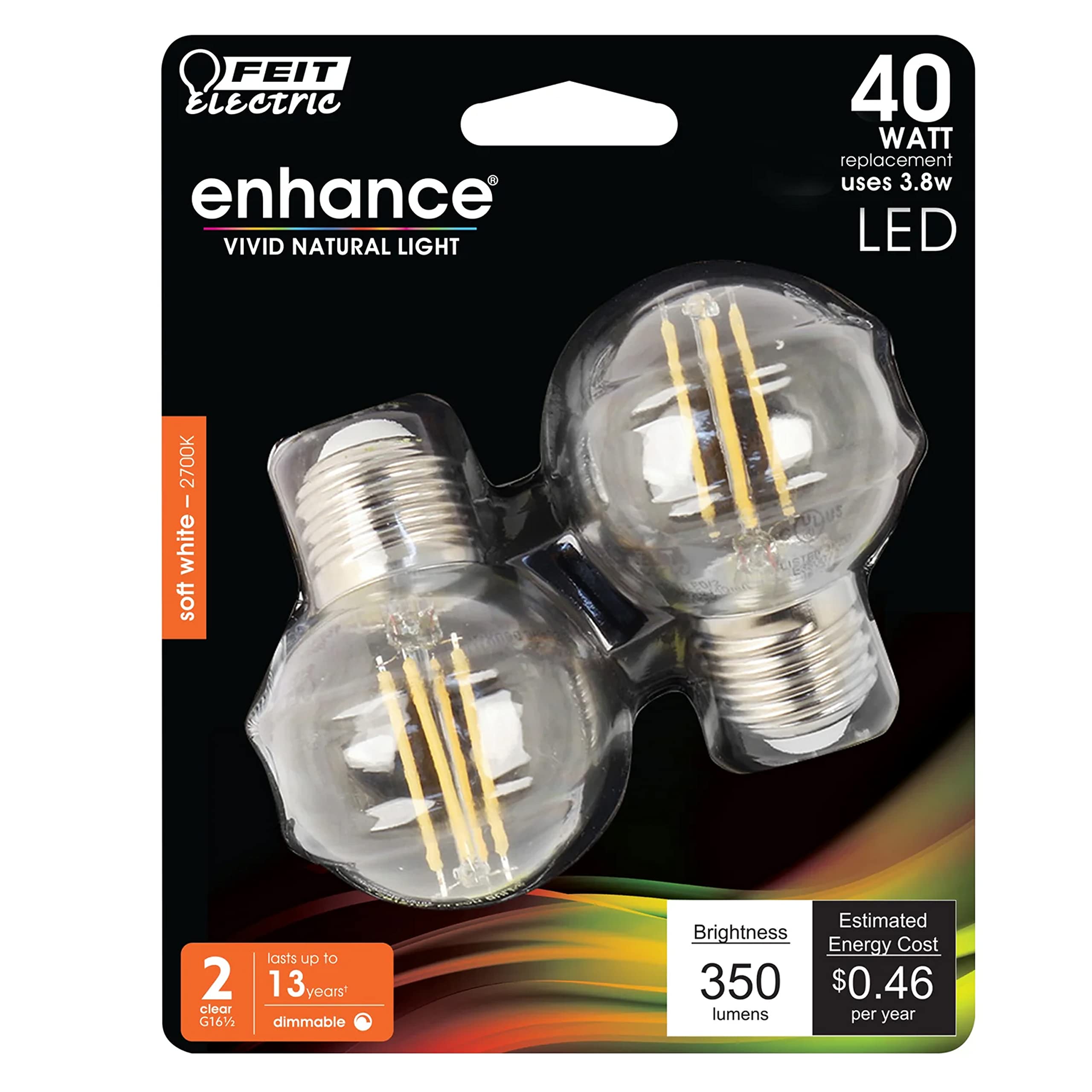Feit Electric BPGM60/827/LED/2 Decorative Clear Glass Filament LED Dimmable 60W Equivalent Globe Bulb (Pack of 2), Soft White