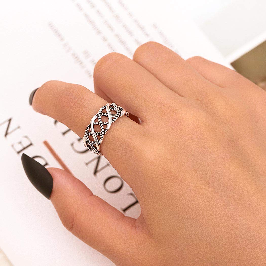 Fstrend Vintage Band Ring Silver Wrap Cross Women's Statement Ring Retro Wave Stainless Steel Adjustable Open Rings Jewelry for Women and Girls