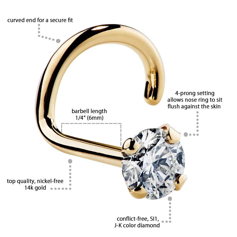 FreshTrends 18G 1.5mm 0.015 ct. tw Diamond SI1-SI2 G-H 14K Yellow Gold Twist Screw Nose Ring SI1