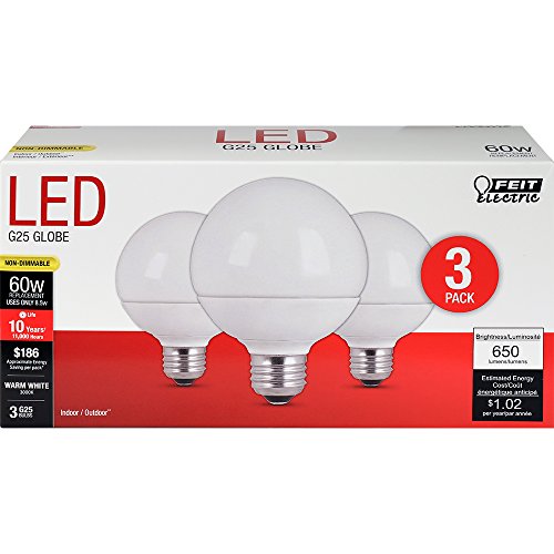 Feit Electric LED G25 Globe with a Medium E26 Base Light Bulb - 60W Equivalent - 10 Year Life - 650 Lumen - 3000K Warm White - Non-Dimmable | 3-Pack