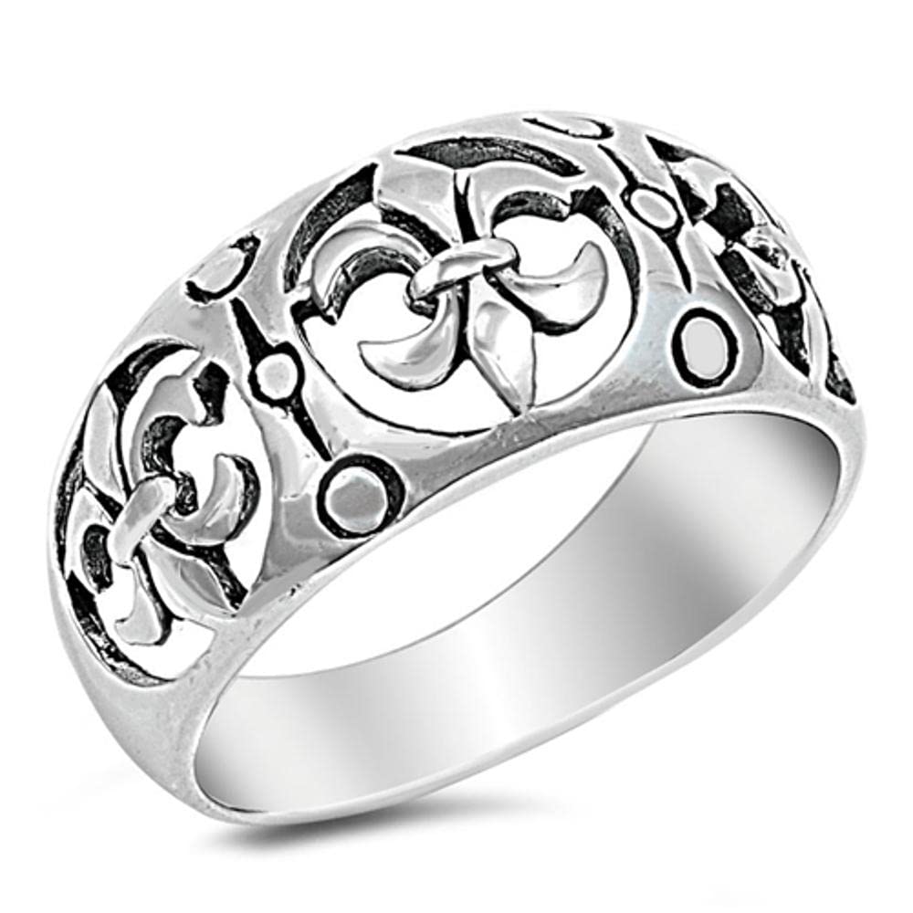 Filigree Fleur De Lis Cutout Wide Ring New .925 Sterling Silver Band Size 10