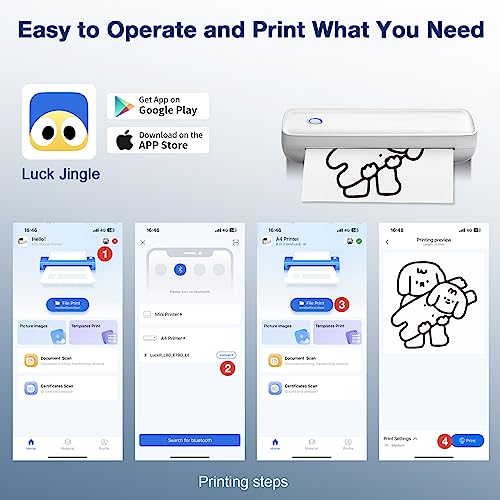 Portable Printers Wireless for Travel, Inkless Thermal Printer Supports A4 Paper (8.3"*11.7") for Mobile Monochrome Prints, Bluetooth Smart Printer Compatible with Android iOS Phones & Laptops