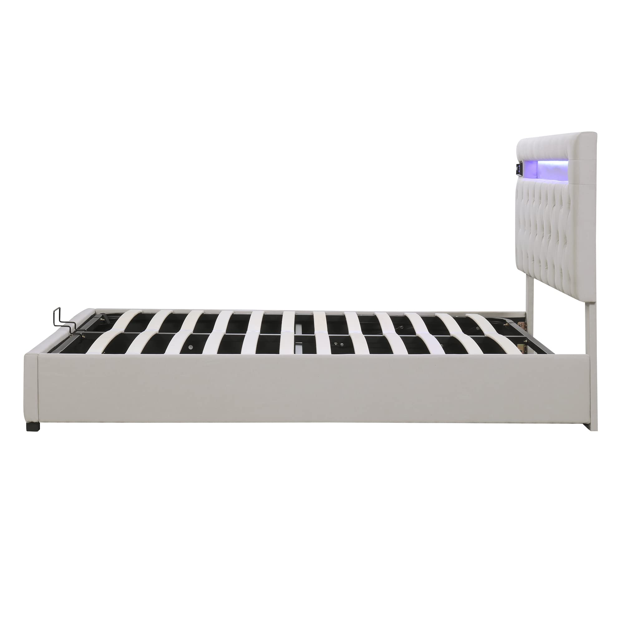 Queen Lift Storage Bed Upholstered Bed, Luxury Bed Frame With LED Light Bluetooth Player And USB Charging,Adjustable Linen Fabric Headboard,Hydraulic Storage Platform Bed For Kids Teen Adults (Beige)